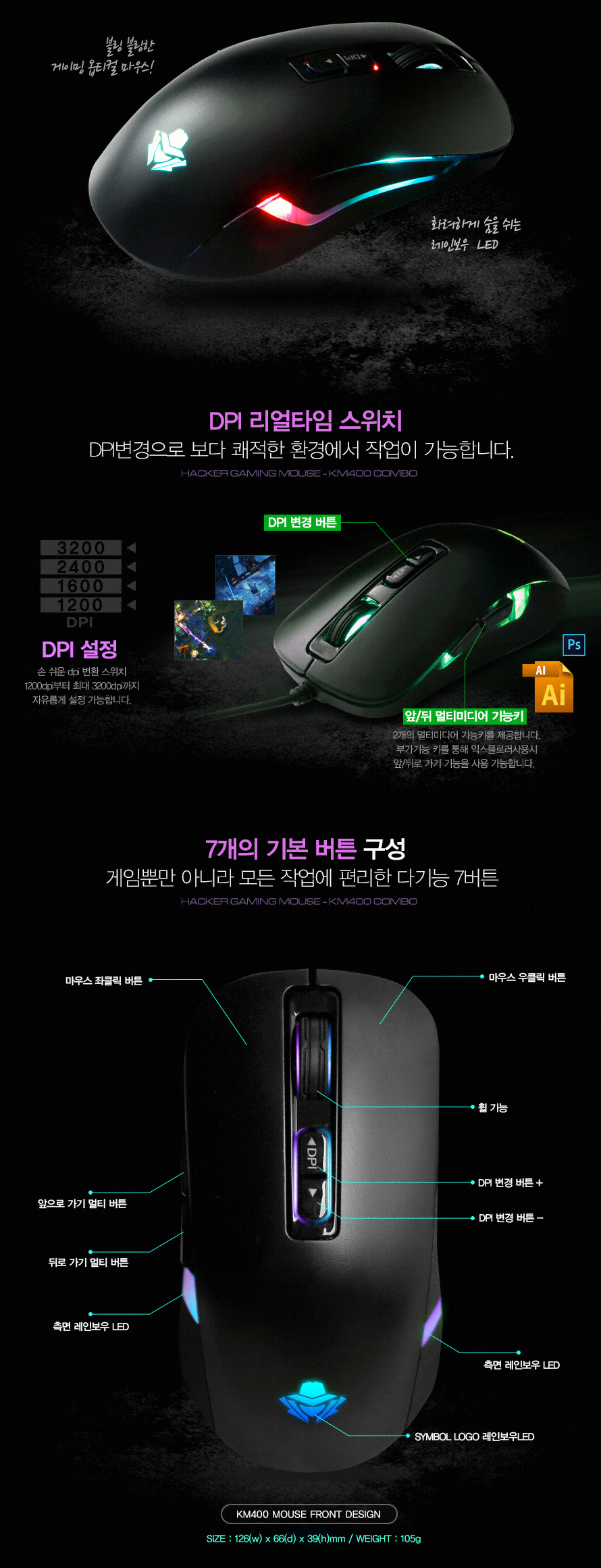 앱코 HACKER KM400 유선 게이밍 키보드 마우스 세트 블랙 - 청맥전자몰