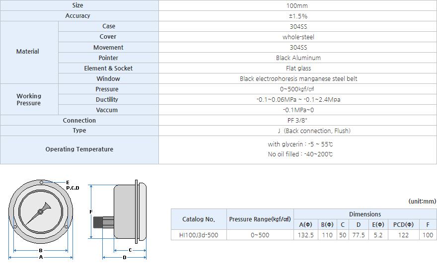 Preesure Gauge - Flush Mounted Type - 100mm, 0~500bar