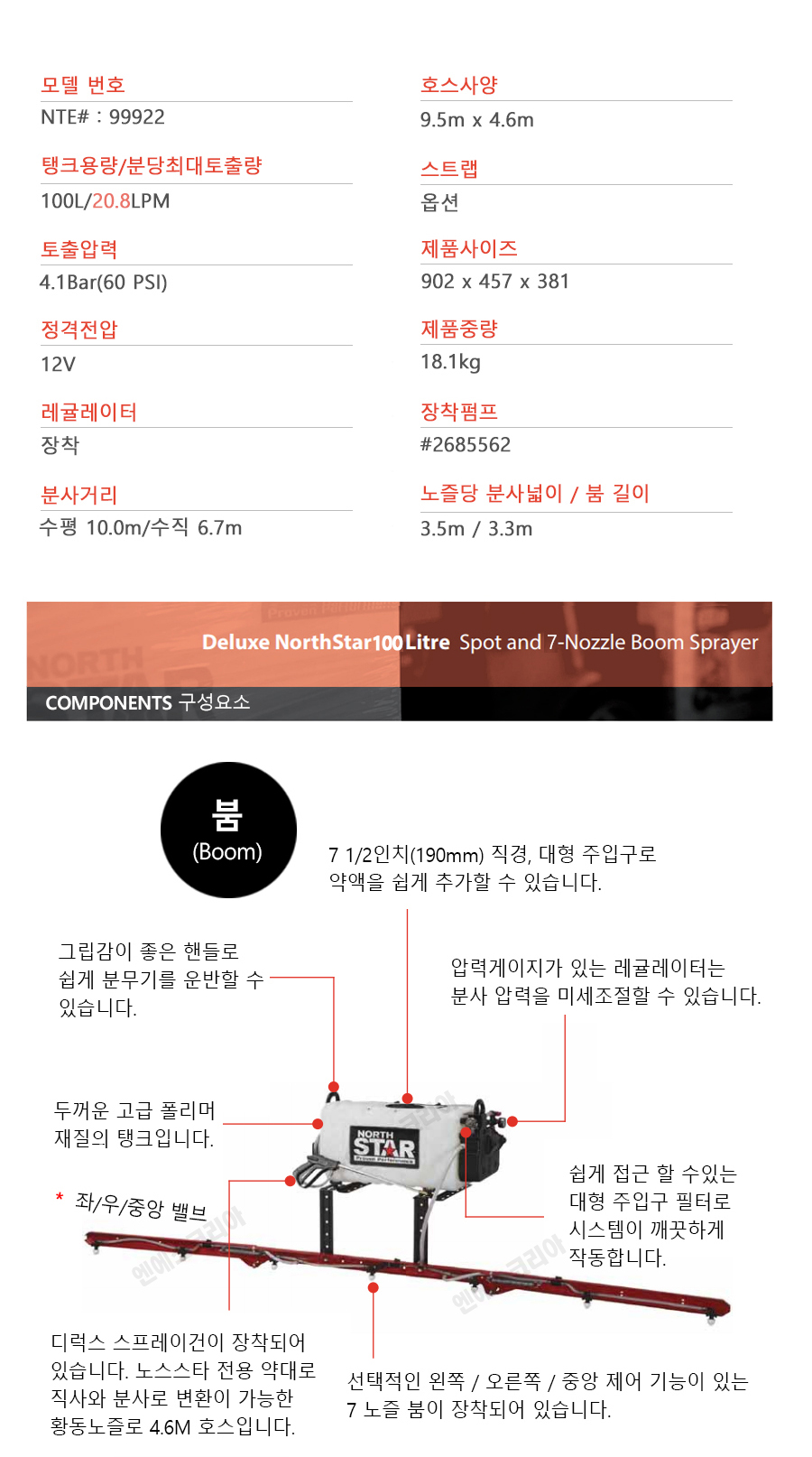 99922 / 디럭스 차량탑재형 충전분무기 100L / 20.8LPM : 노스스타 코리아