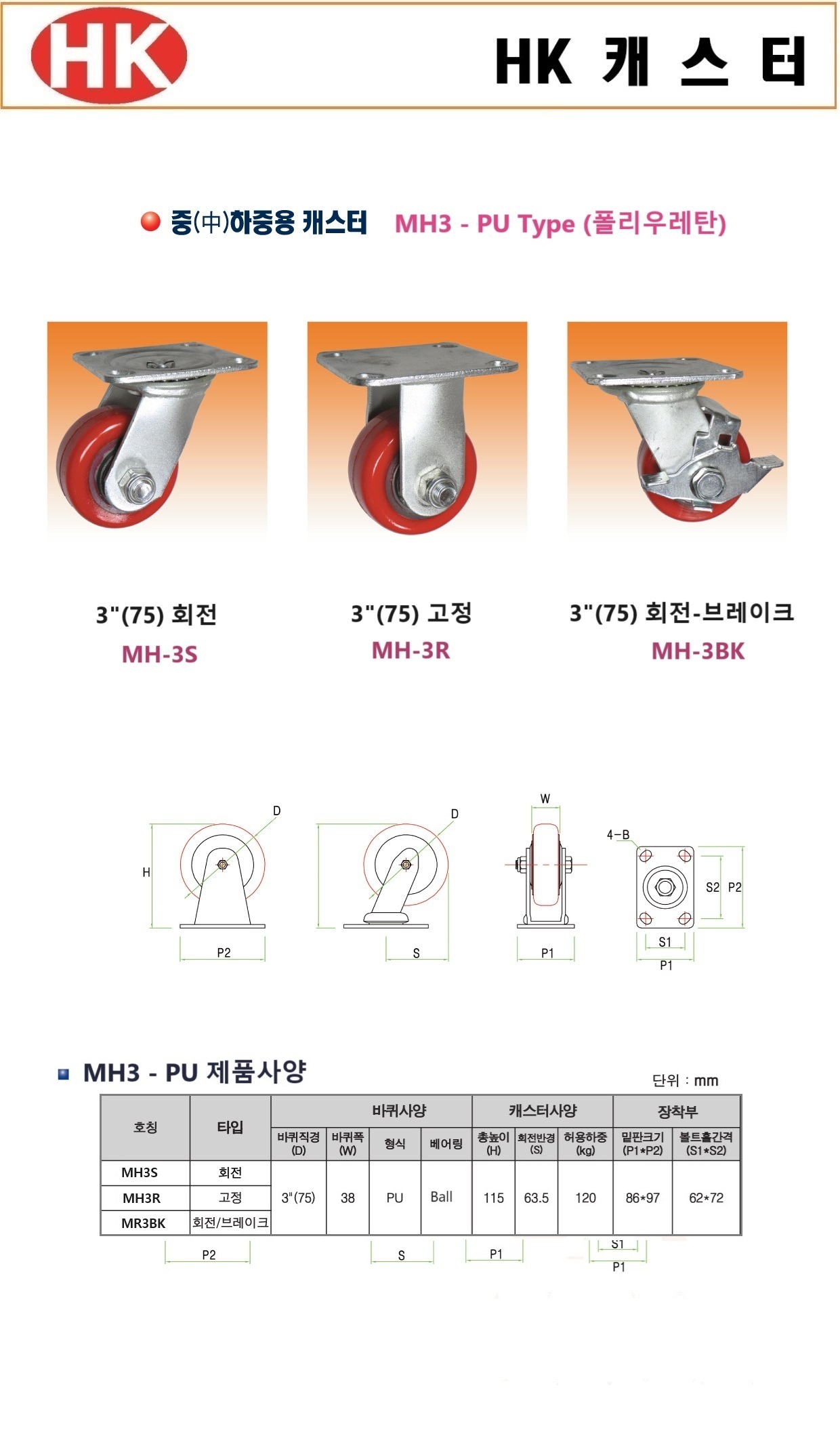 중하중용 캐스터 MH3 75mm 우레탄바퀴 중하중바퀴 > 캐스터 | 한국종합상사