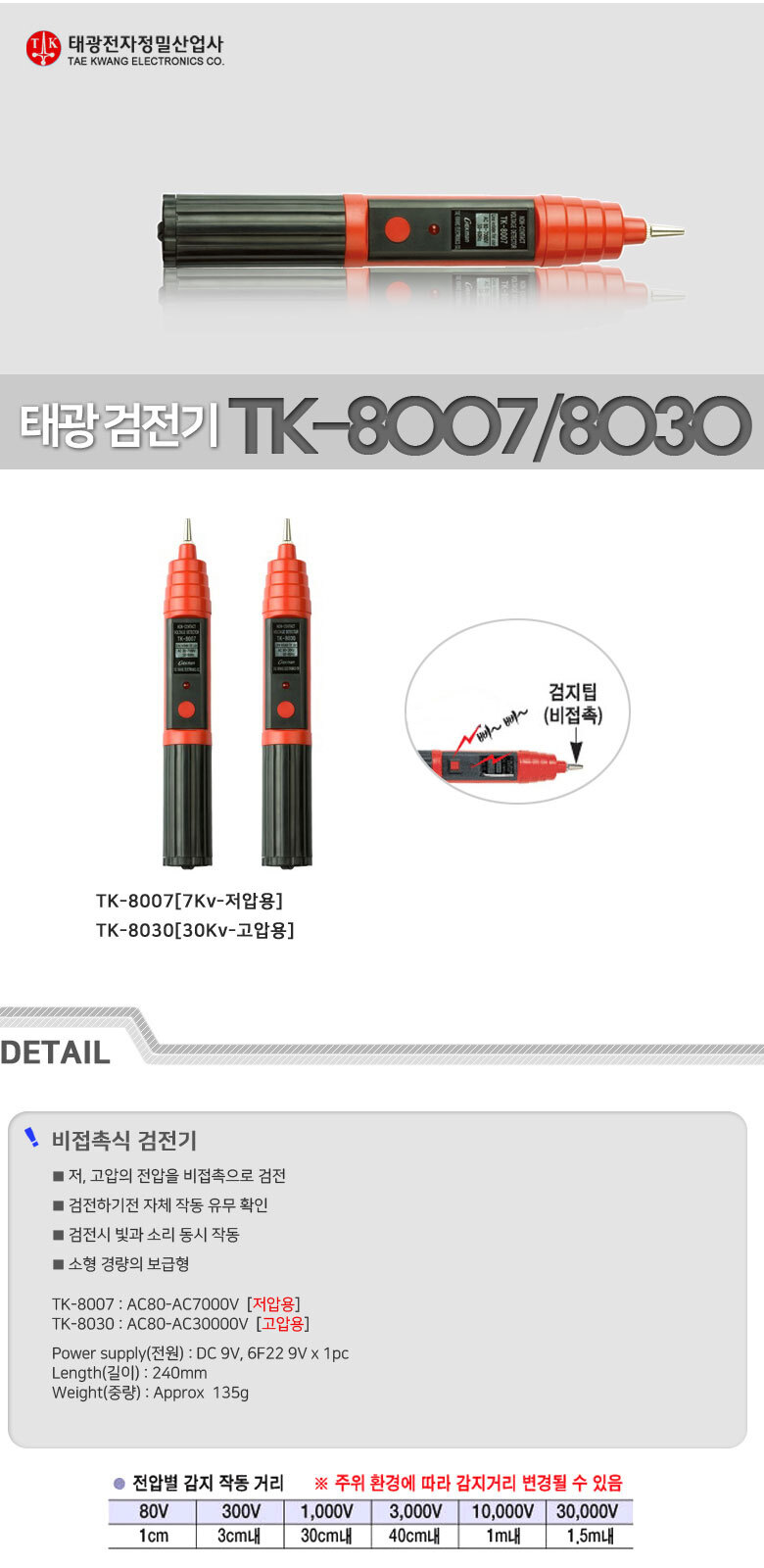 태광 비접촉식검전기 TK-8030 고압용 30kV코리아테크 안전용품