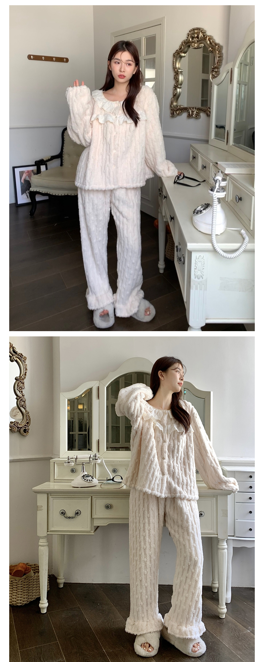 겨울신상 파자마 파티룩 Set Lovelyღ 포근 도톰 극세사 폼폼 구슬 퍼 레이스 공주 잠옷 투피스 세트 셋업 홈웨어