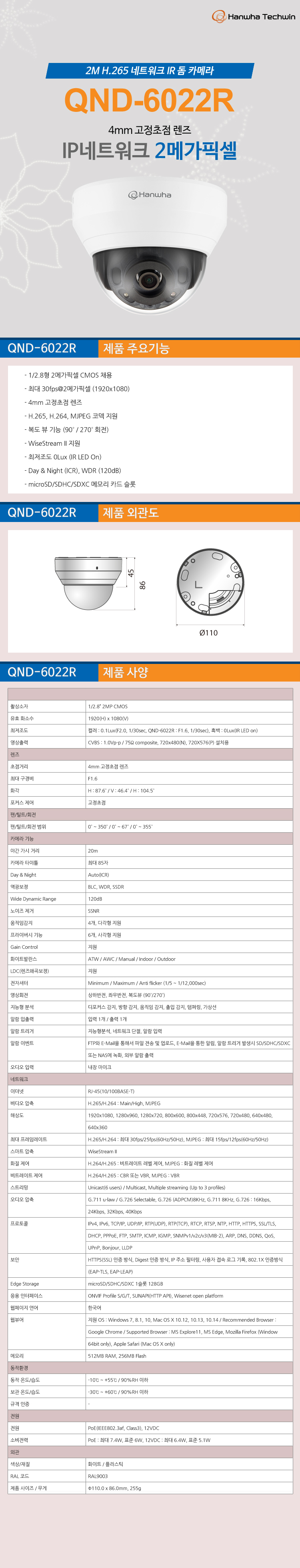 IP카메라, QND-6022R 실내용 돔 카메라 [고정렌즈-4mm][200만 화소] : 컴퓨존
