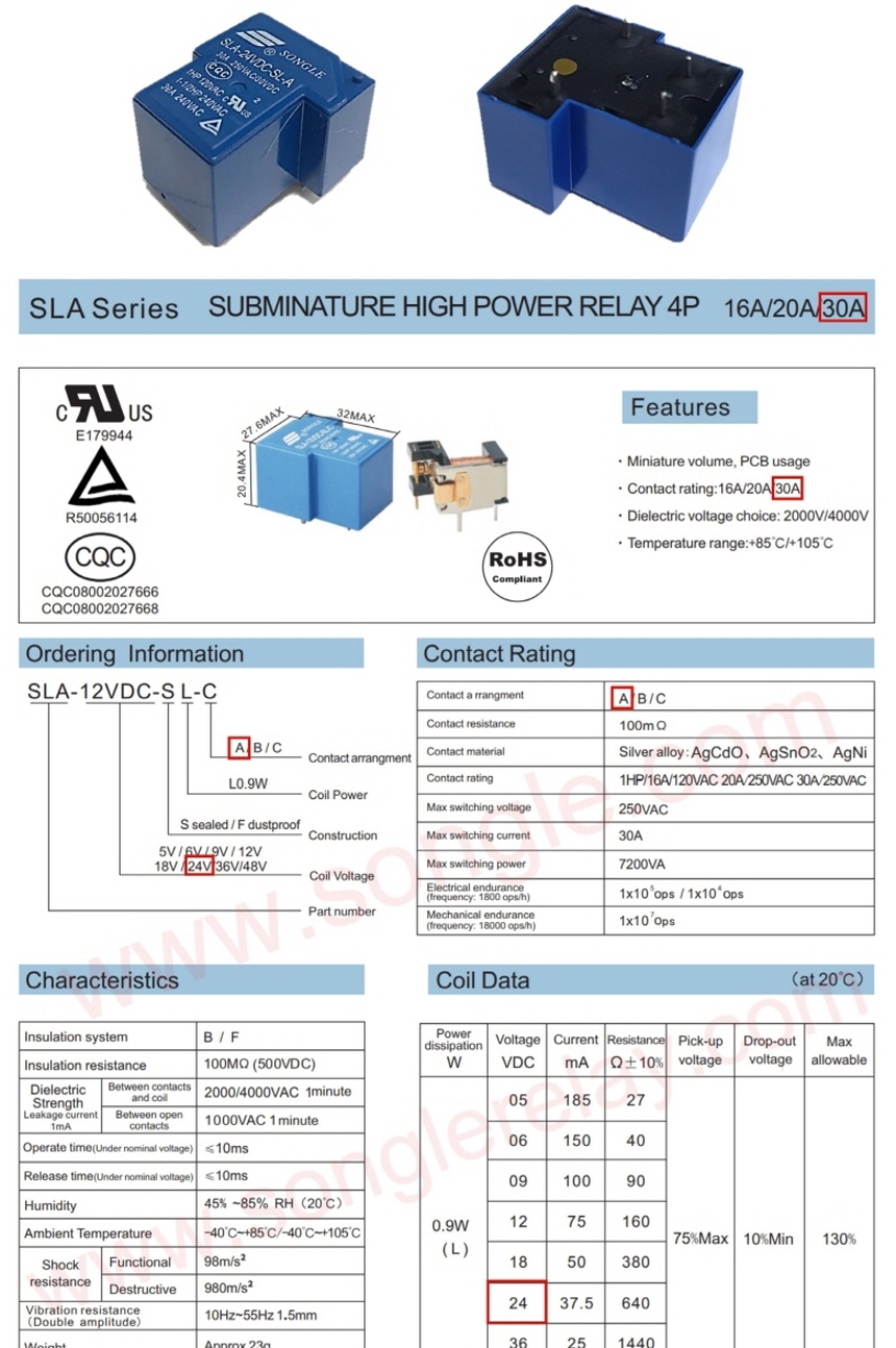 SLA-24VDC-SL-A 24V A접점 릴레이 30A (HAM3830)-SLA-24VDC-SL-A 24V A접점 릴레이 30A ...