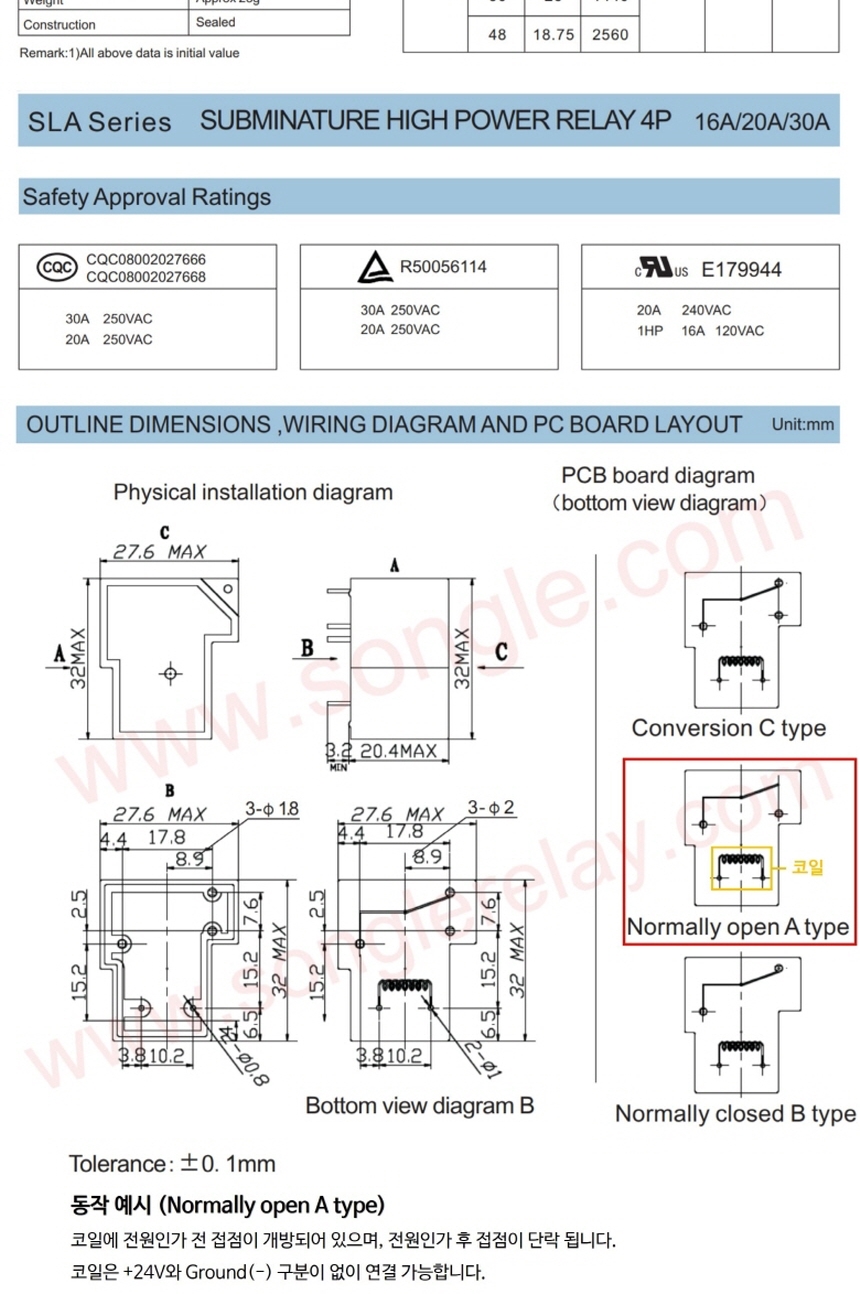 SLA-24VDC-SL-A 24V A접점 릴레이 30A (HAM3830)-SLA-24VDC-SL-A 24V A접점 릴레이 30A ...